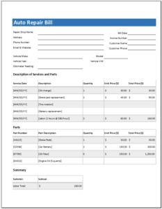 Auto Repair Bill Template for MS Excel | Excel Templates