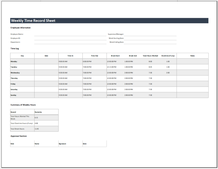 Weekly Time Record Sheet Template for Excel | Download