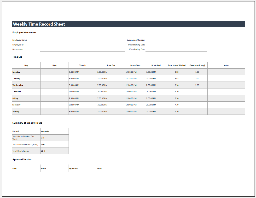 Weekly Time Record Sheet Template for Excel | Download