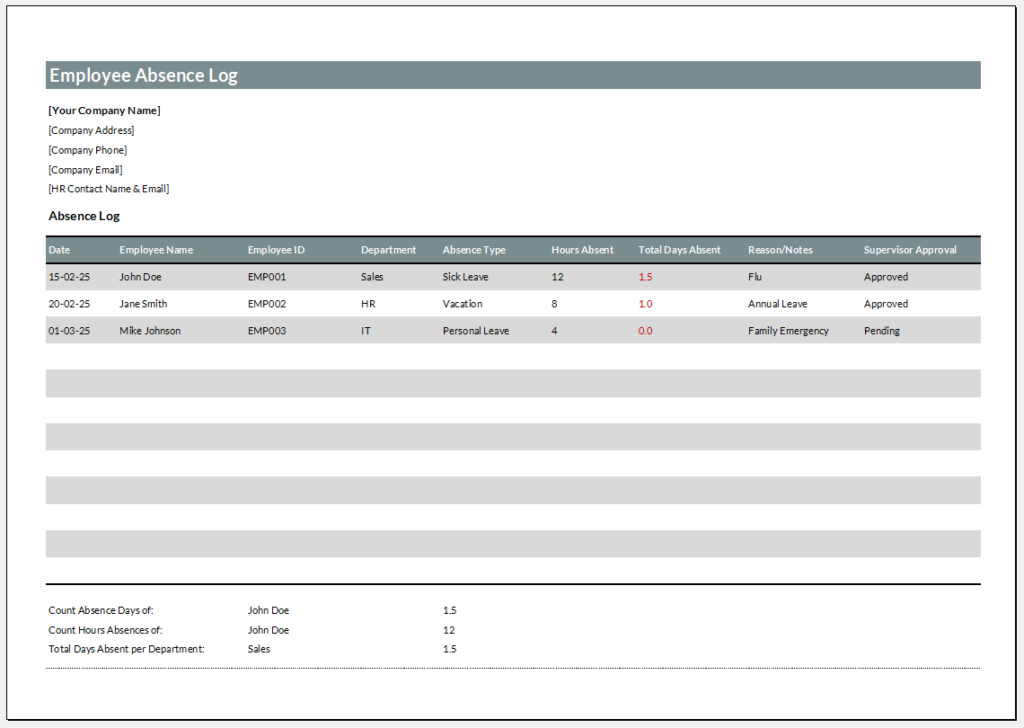 Employee Absence Log Template for Excel | Excel Templates