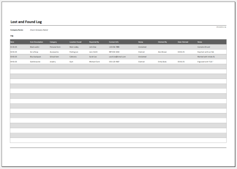Lost and Found Log Template for MS Excel | Excel Templates