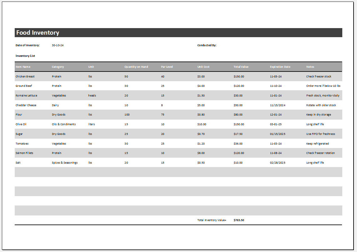 Restaurant Food Inventory Templates for Excel (.xls) | Save