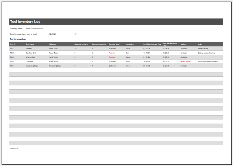 Printable Tool Inventory Template for Excel | Download File