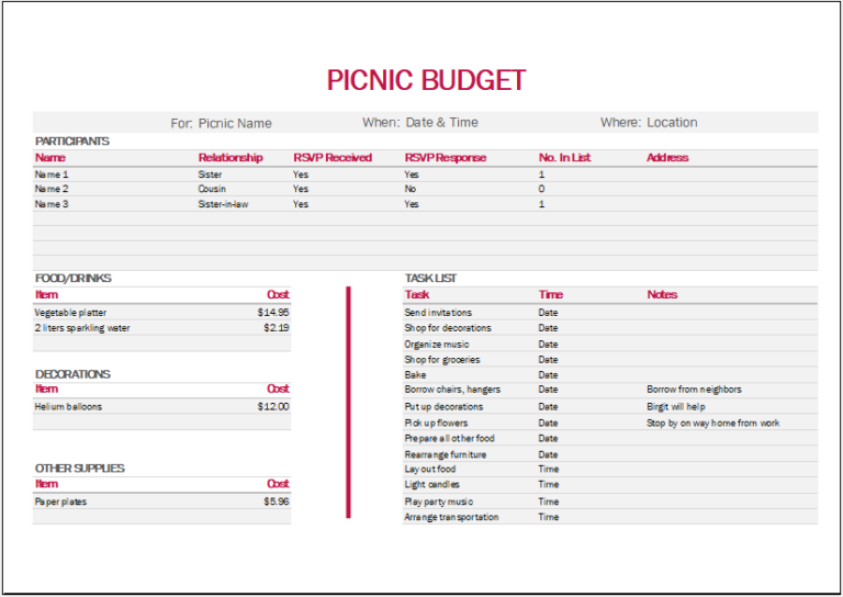 Picnic Budget Template for Excel (all versions) | Download