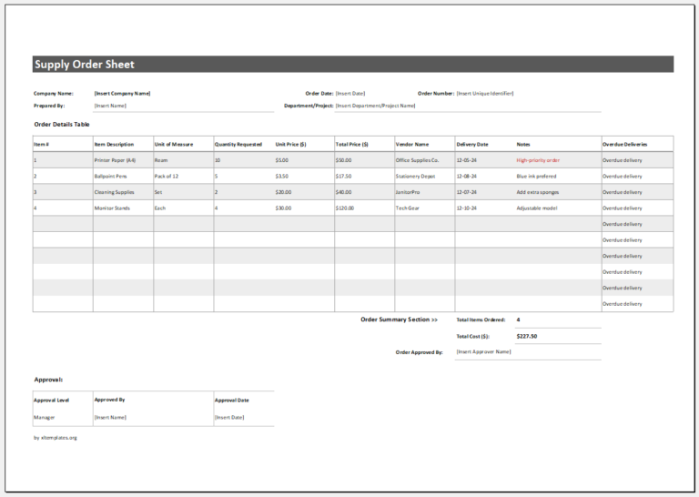 Supply Order Sheet Templates for Excel | Excel Templates