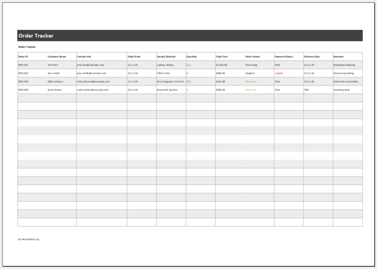 Order Tracker Template for Excel | Download Edit & Print