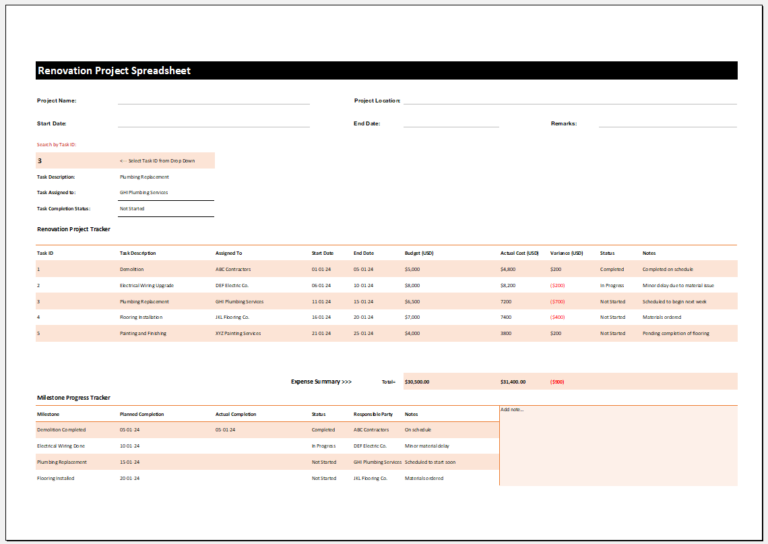 Renovation Project Spreadsheet Template for Excel | Download