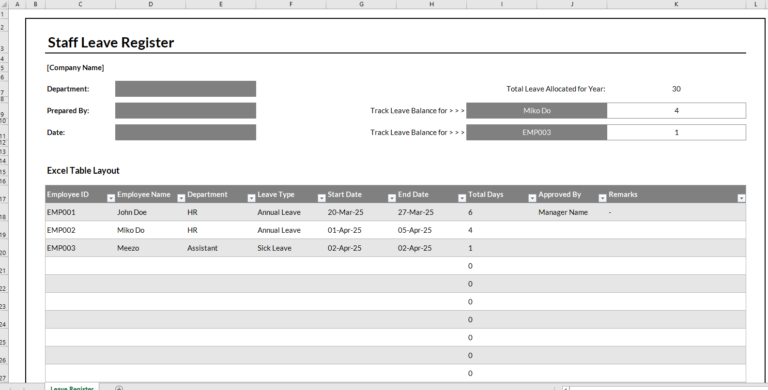 Staff Leave Register Template for Excel | Excel Templates
