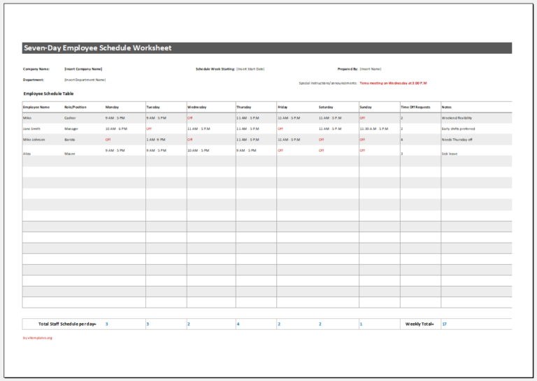 7 Day Schedule Worksheet Template for .xls | Excel Templates