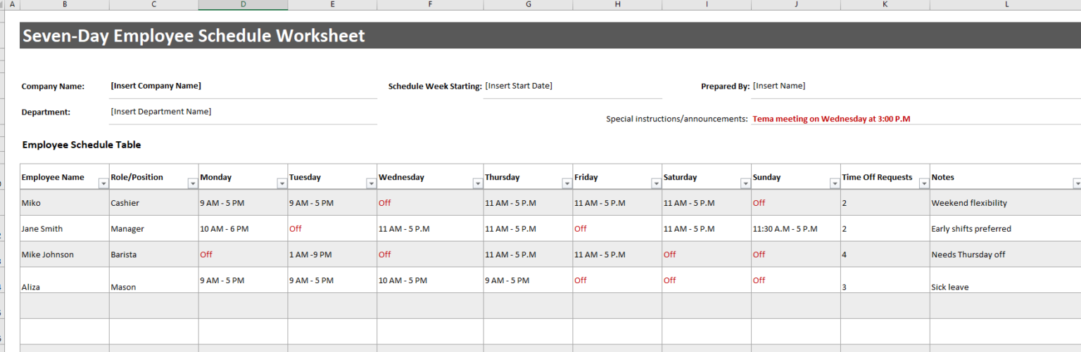 7 Day Schedule Worksheet Template for .xls | Excel Templates
