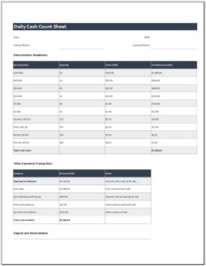 Daily Cash Count Sheet Template | Download for Excel (.xls)
