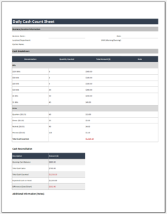 Daily Cash Count Sheet Template | Download for Excel (.xls)