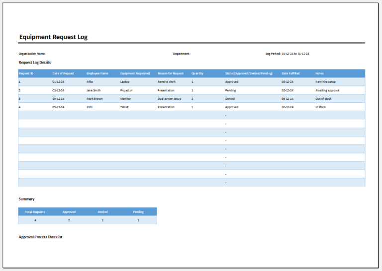 Equipment Request Log Templates for Excel | Download File