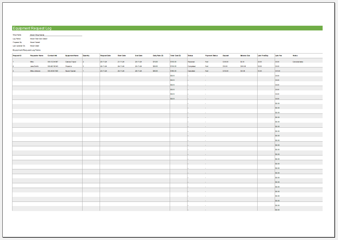 Equipment Request Log Templates for Excel | Download File