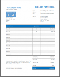 Bill of Material Template | Download for (.xls) Excel Sheet