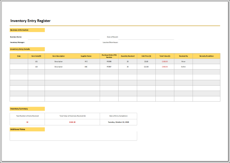 Inventory Entry Register Template | Excel (.xlsx) Worksheet