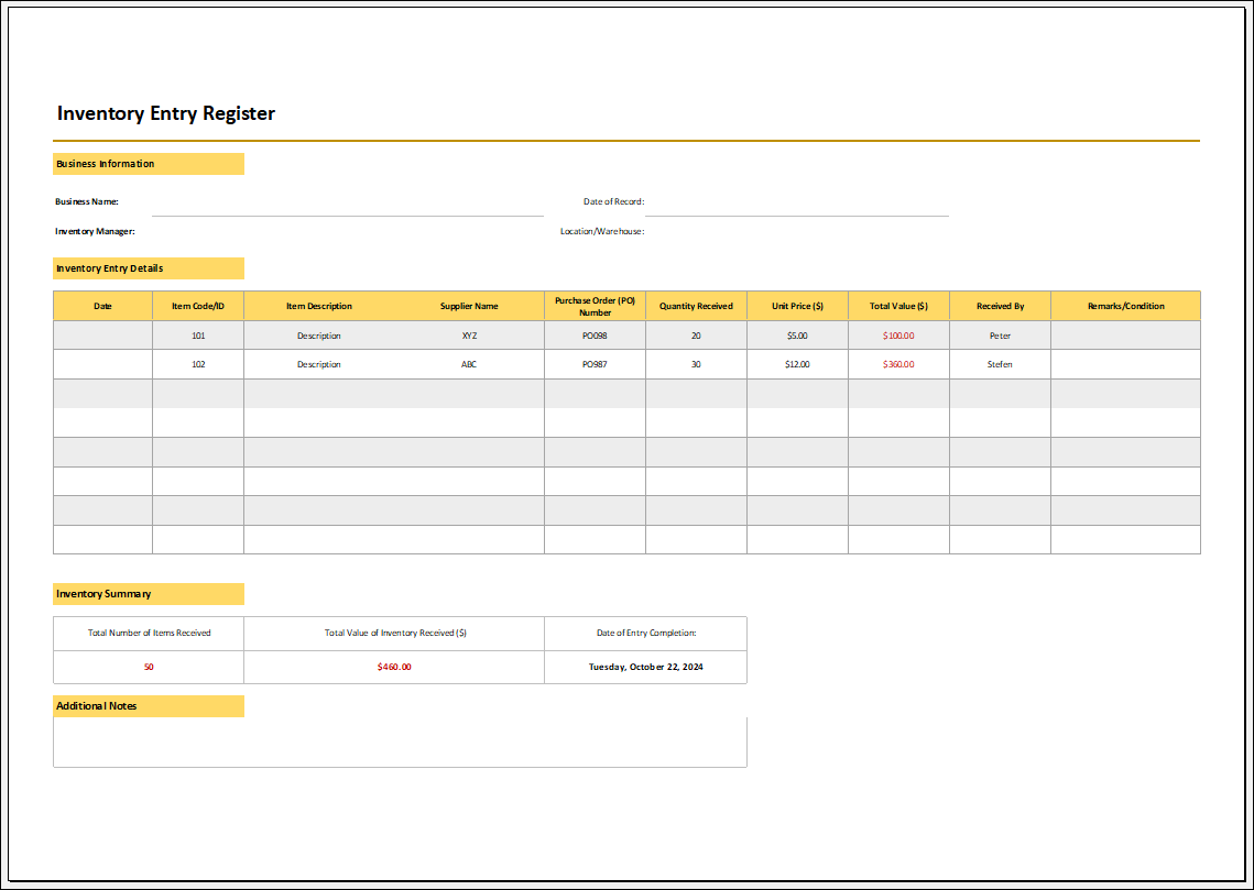 Inventory Entry Register Template | Excel (.xlsx) Worksheet
