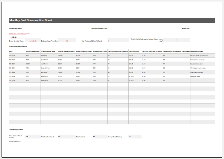 Monthly Fuel Consumption Worksheet | Excel (.xlsx) Template