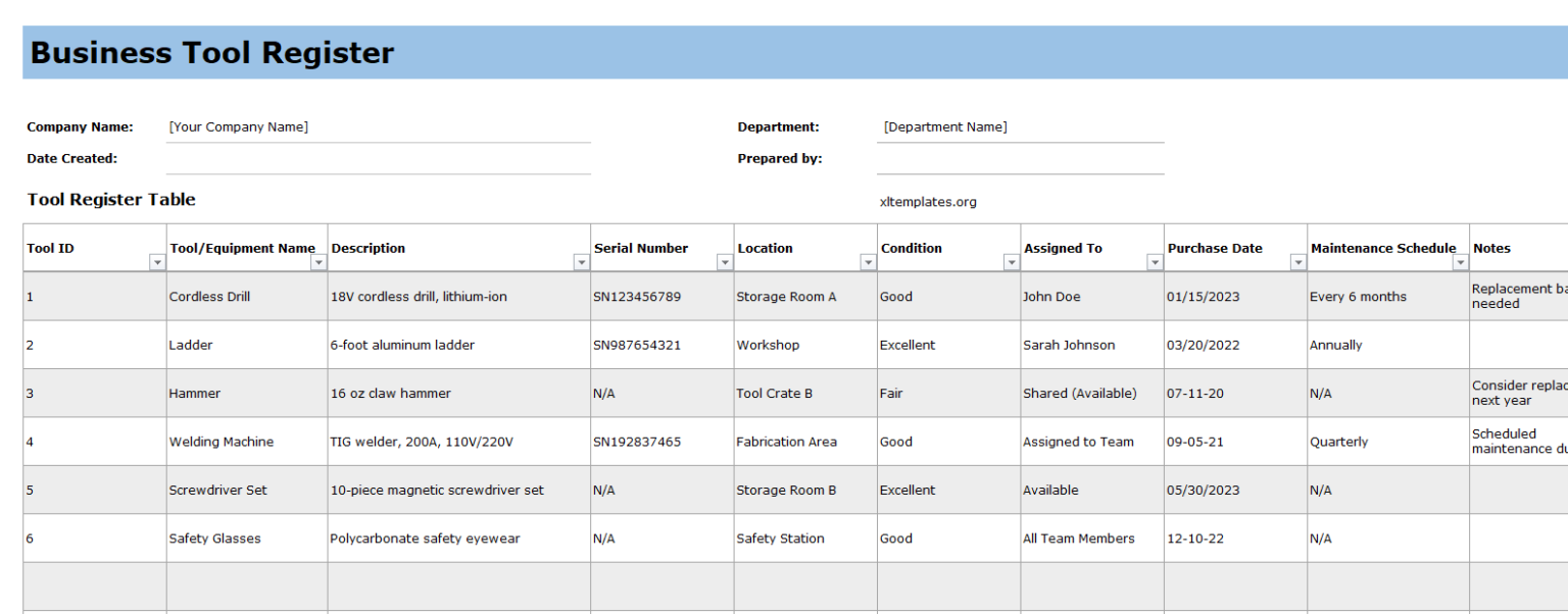 Business Tool Register Template | [.xls] Excel Worksheet