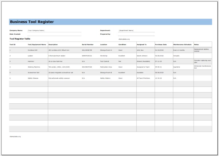 Business Tool Register Template | [.xls] Excel Worksheet