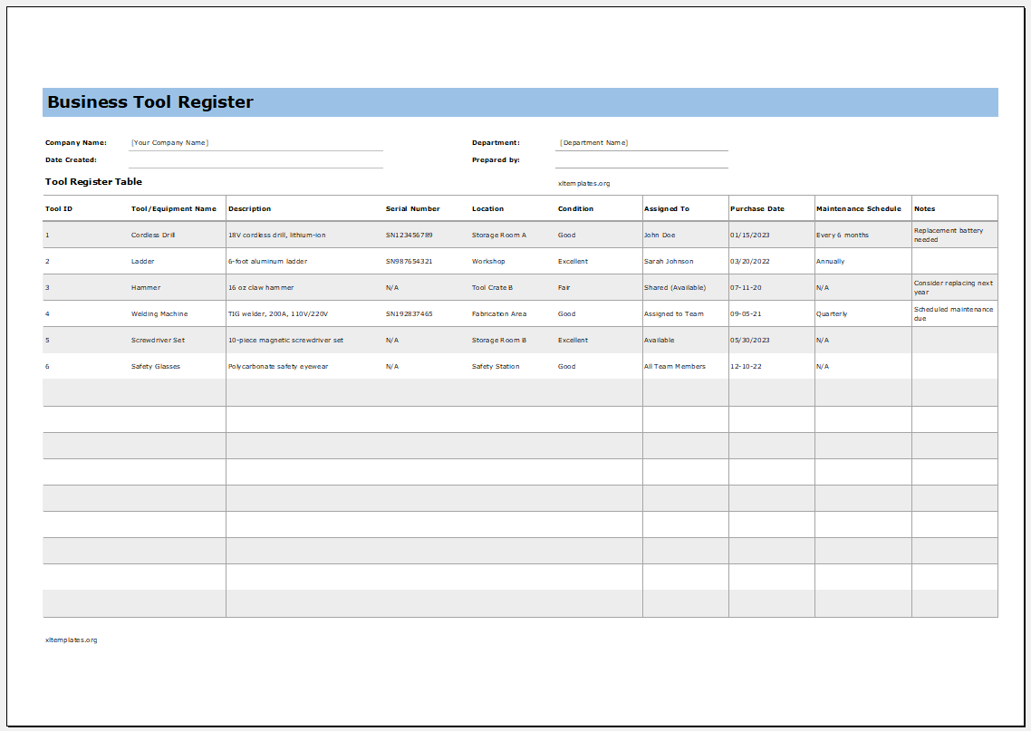 Business Tool Register Template | [.xls] Excel Worksheet