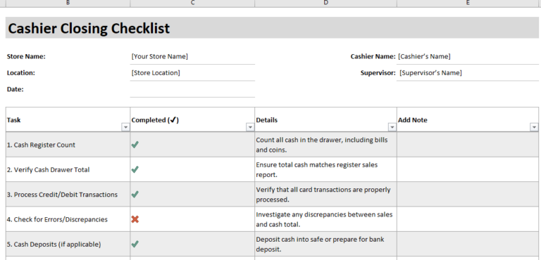 Cashier Closing Checklist Template for Excel | Download