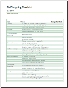 Eid Shopping Checklist Template for Excel | Download File