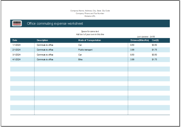 Office Commute Expense Worksheet Template | Download File