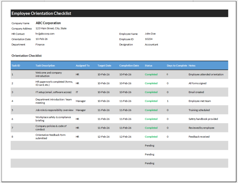 Employee Orientation Checklist Template for Excel | Download