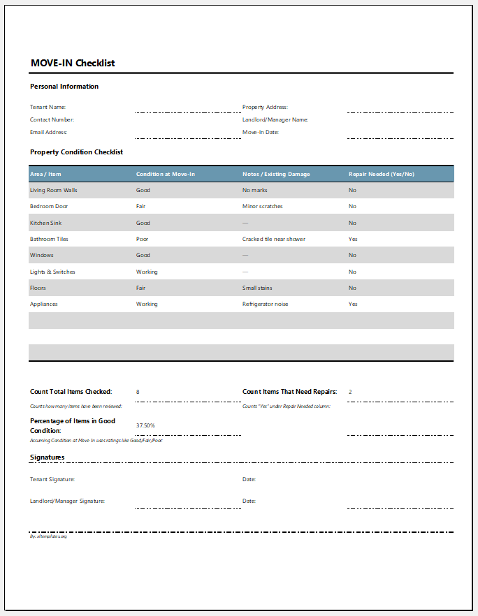 Move-in Checklist Template for Excel | Download (.xls) File