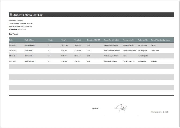 Student Entry & Exit Log Template for Excel | Download File