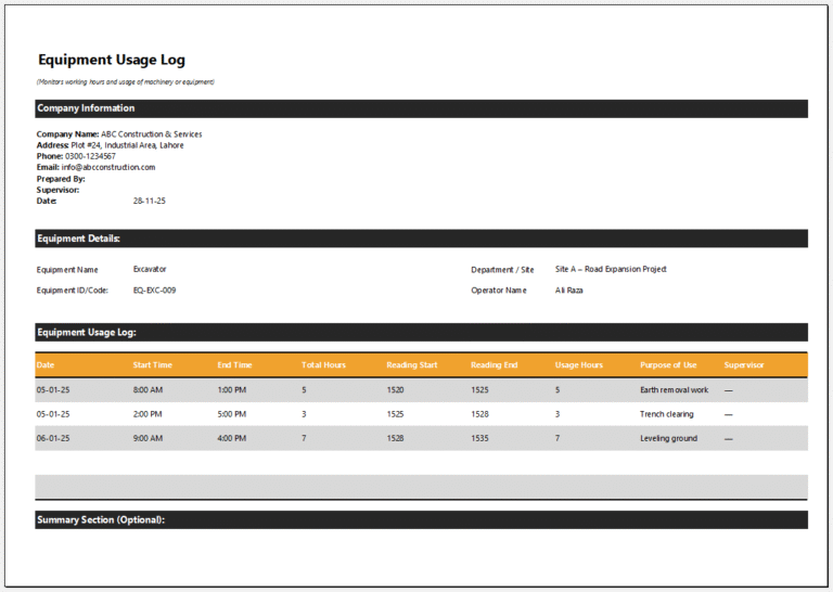 Fuel & Equipment Sheets for MS Excel | Excel Templates