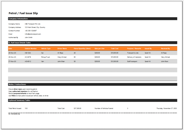 Fuel & Equipment Sheets for MS Excel | Excel Templates