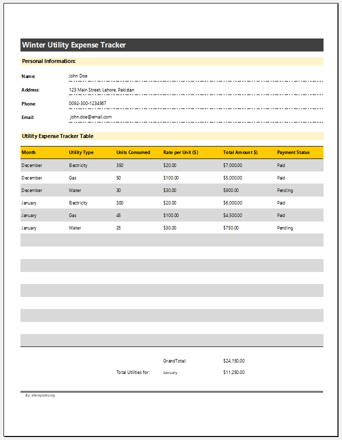 Winter Utility Expense Template for Excel | Excel Templates
